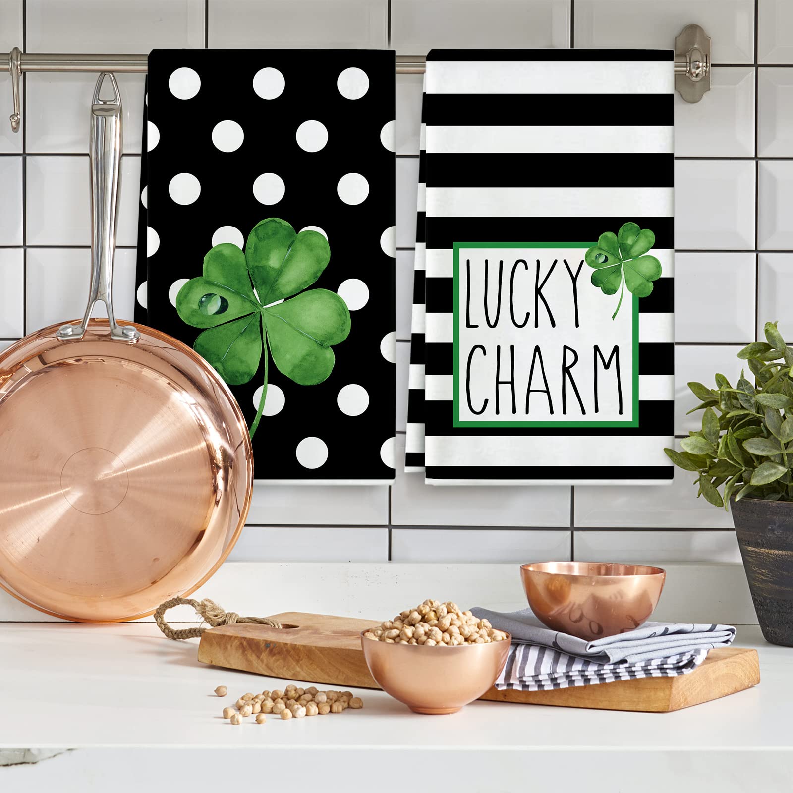 AnyDesign St. Patrick's Day Kitchen Towel Lucky Shamrock Clover Dish Towel White Black Stripes Dots Hand Drying Tea Towel for Cooking Baking Cleaning Wipes, 18 x 28 Inch, Set of 2