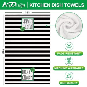 AnyDesign St. Patrick's Day Kitchen Towel Lucky Shamrock Clover Dish Towel White Black Stripes Dots Hand Drying Tea Towel for Cooking Baking Cleaning Wipes, 18 x 28 Inch, Set of 2