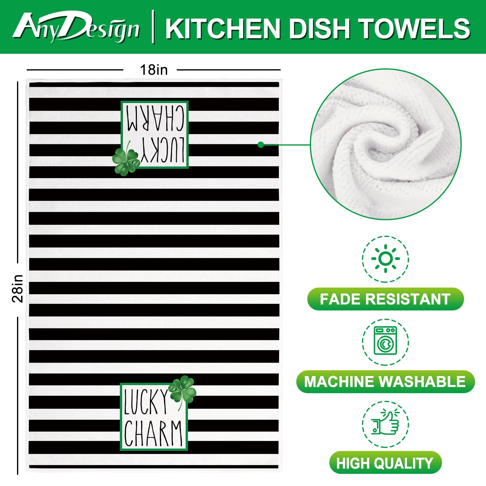 AnyDesign St. Patrick's Day Kitchen Towel Lucky Shamrock Clover Dish Towel White Black Stripes Dots Hand Drying Tea Towel for Cooking Baking Cleaning Wipes, 18 x 28 Inch, Set of 2