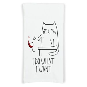 I Do What I Want Flour Sack Kitchen Towel with Hanging Loop - Funny Cute Cat Lover Dish Cloth Housewarming Hostess Birthday Christmas Gift