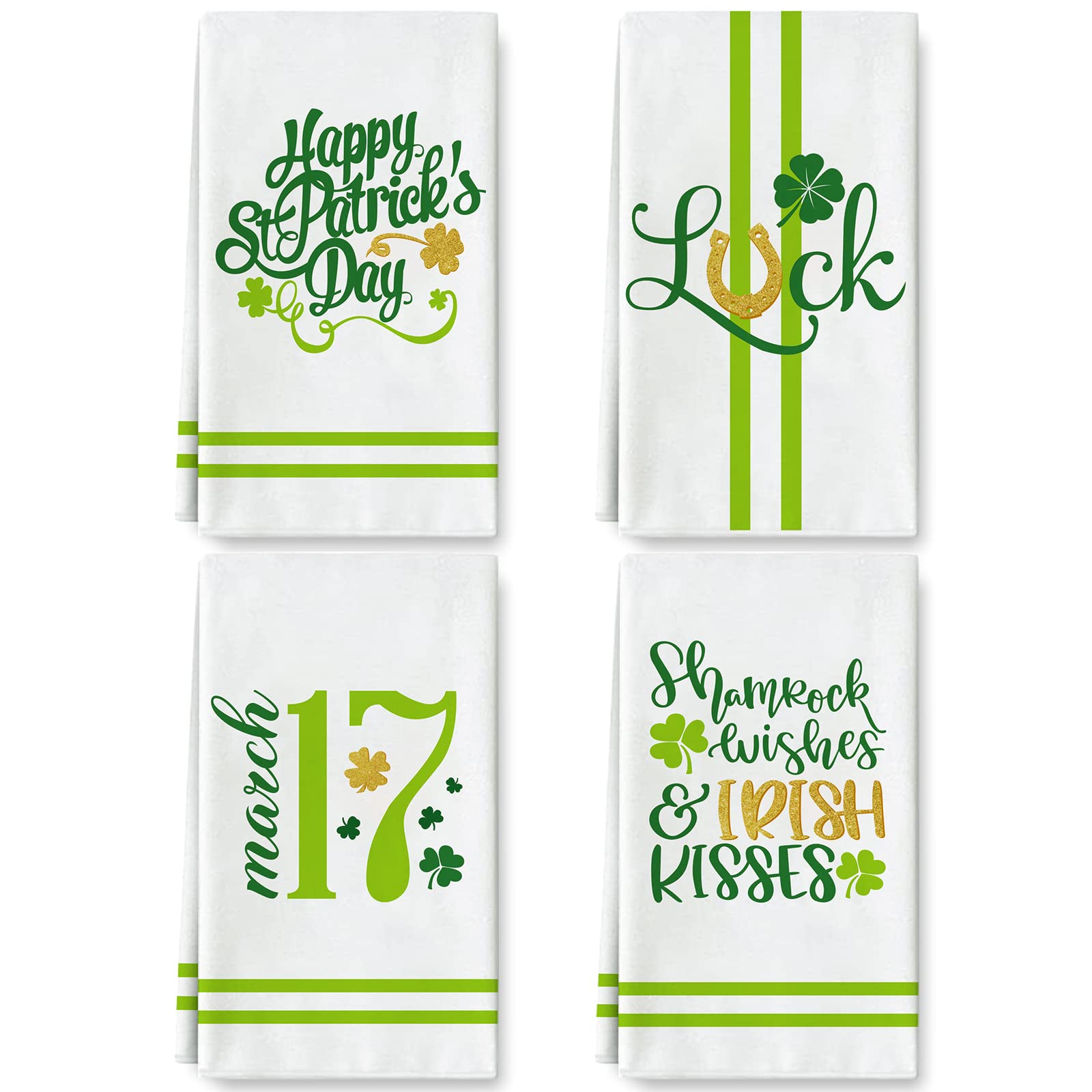 AnyDesign St. Patrick's Day Kitchen Towels 18 x 28 Inch Green Shamrock Dish Towel Lucky Clover Hand Drying Tea Towel for Cooking Baking Cleaning Wipes, Set of 4