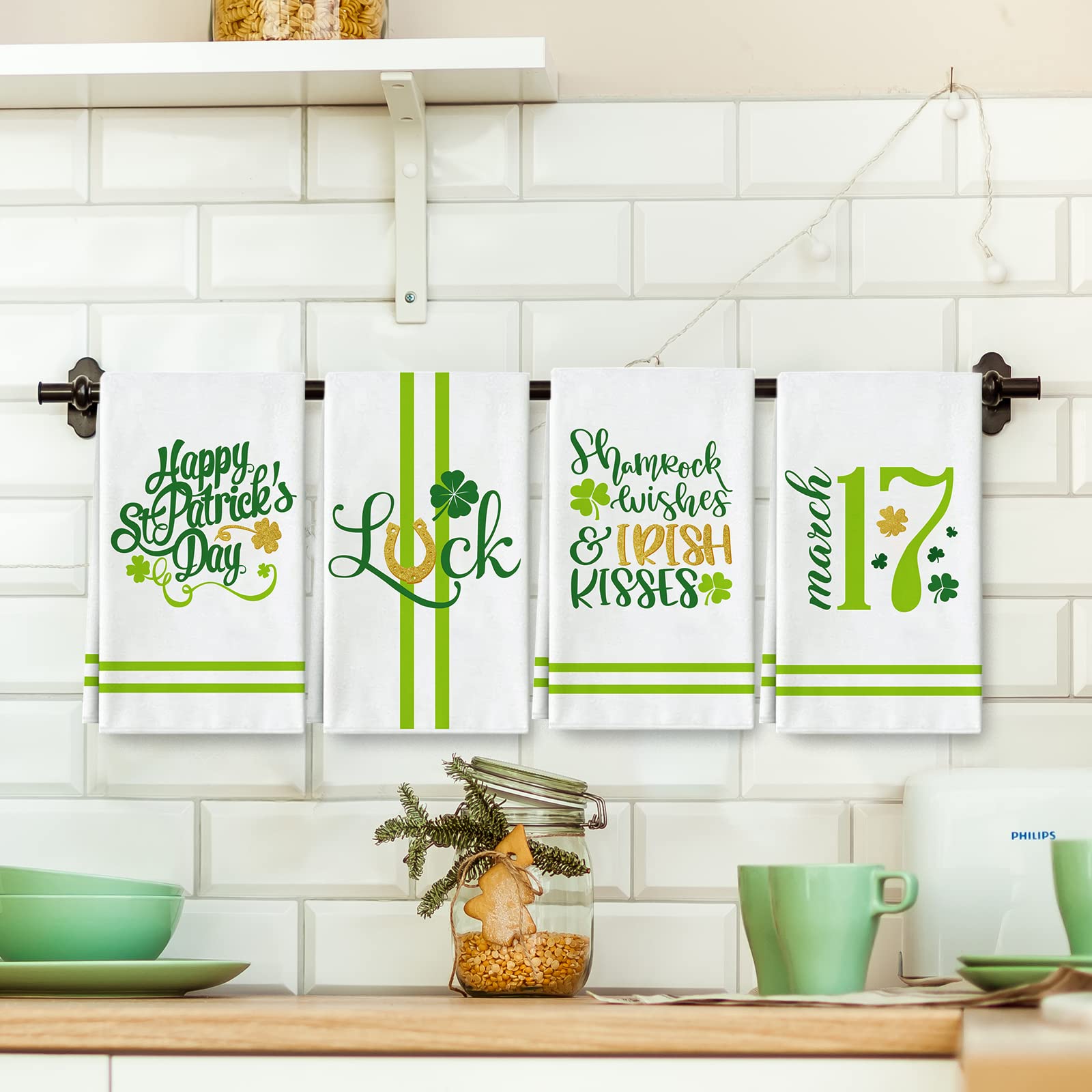 AnyDesign St. Patrick's Day Kitchen Towels 18 x 28 Inch Green Shamrock Dish Towel Lucky Clover Hand Drying Tea Towel for Cooking Baking Cleaning Wipes, Set of 4