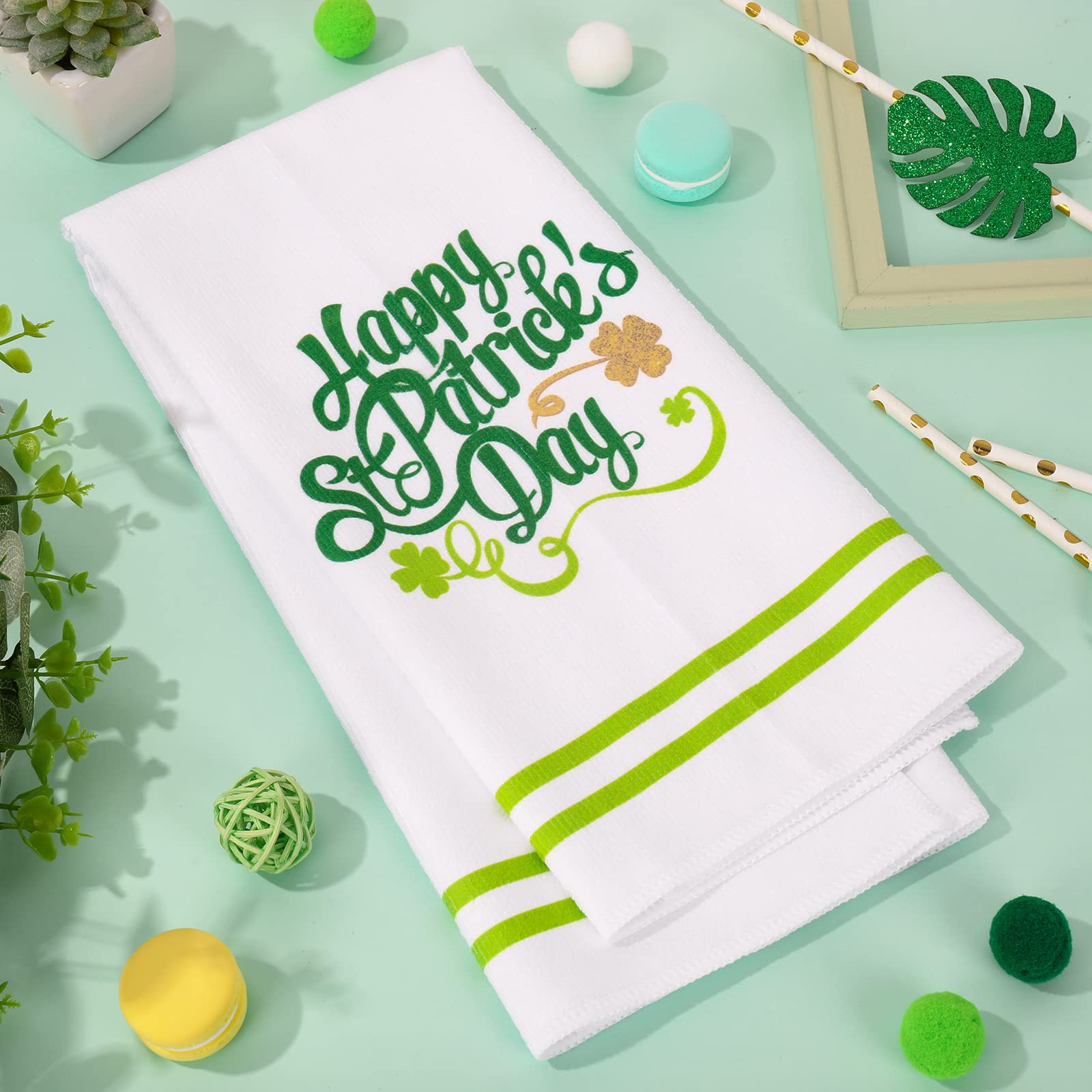 AnyDesign St. Patrick's Day Kitchen Towels 18 x 28 Inch Green Shamrock Dish Towel Lucky Clover Hand Drying Tea Towel for Cooking Baking Cleaning Wipes, Set of 4