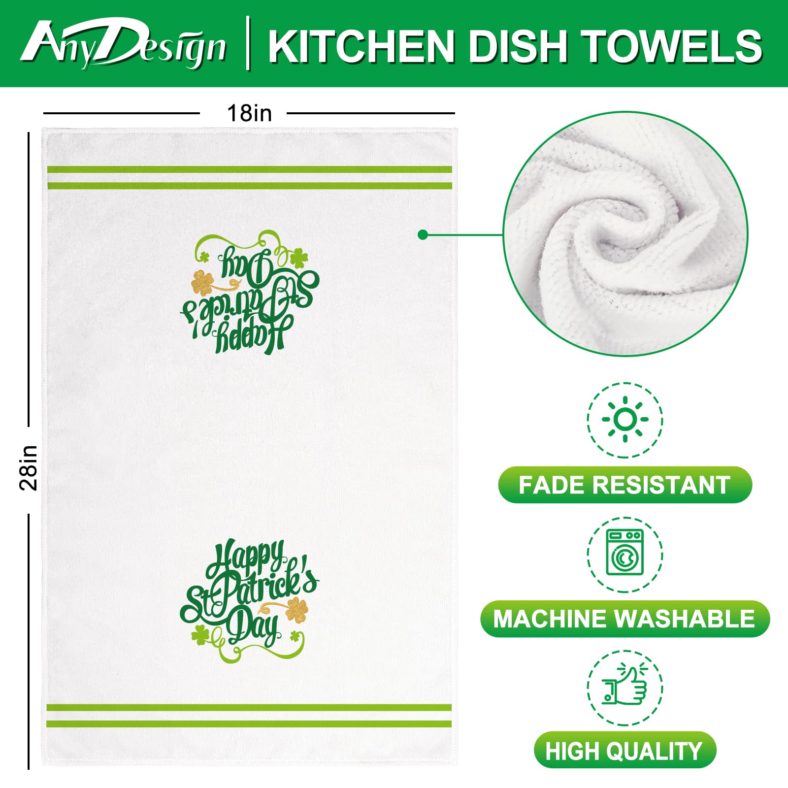 AnyDesign St. Patrick's Day Kitchen Towels 18 x 28 Inch Green Shamrock Dish Towel Lucky Clover Hand Drying Tea Towel for Cooking Baking Cleaning Wipes, Set of 4