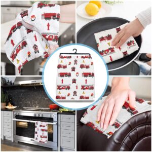 Kitchen Towels Cleaning Cloths, Fire Truck Hard Hat Barricade Extinguisher on White Texture Dish Towels for Kitchen, Pack of 3 Absorbent Hand Towels Reusable Tea Towels,Bar Towels,18x28 Inch