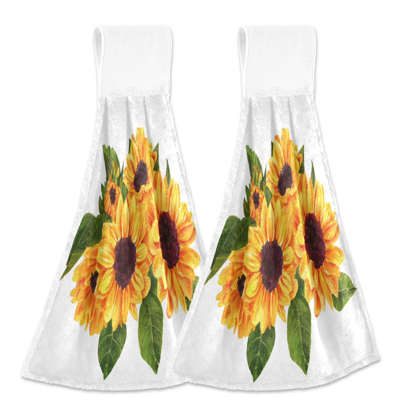 Boccsty Golden Yellow Sunflowers Hanging Kitchen Towels 2 Pieces Green Leaves Hand Painted Dish Cloth Tie Towels Hand Towel Tea Bar Towels for Bathroom Farmhous Housewarming Tabletop Home Decor