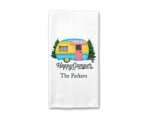 canary road happy camper waffle weave dish towel | personalized kitchen towel | travel trailer gift | camper accessories | personalized dish towel | camper decor