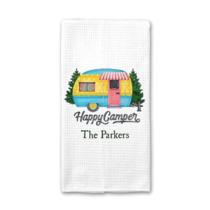 CANARY ROAD Happy Camper Waffle Weave Dish Towel | Personalized Kitchen Towel | Travel Trailer Gift | Camper Accessories | Personalized Dish Towel | Camper Decor