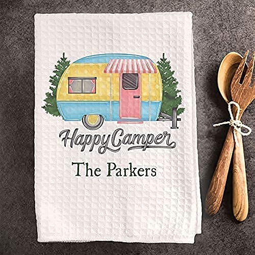 CANARY ROAD Happy Camper Waffle Weave Dish Towel | Personalized Kitchen Towel | Travel Trailer Gift | Camper Accessories | Personalized Dish Towel | Camper Decor