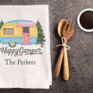 CANARY ROAD Happy Camper Waffle Weave Dish Towel | Personalized Kitchen Towel | Travel Trailer Gift | Camper Accessories | Personalized Dish Towel | Camper Decor