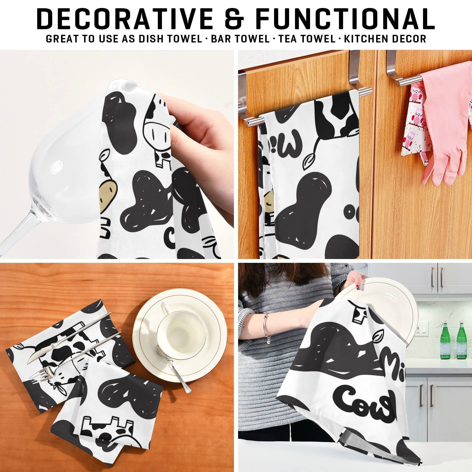 SLHKPNS Milk Cow Cartoon Kitchen Dish Towel Set of 1, Kawaii Moo Childish 18x28in Absorbent Dishcloth Reusable Cleaning Cloths for Household Use