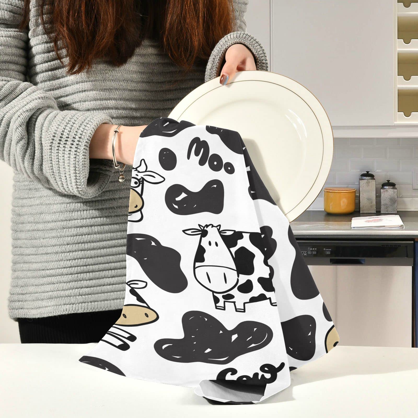 SLHKPNS Milk Cow Cartoon Kitchen Dish Towel Set of 1, Kawaii Moo Childish 18x28in Absorbent Dishcloth Reusable Cleaning Cloths for Household Use