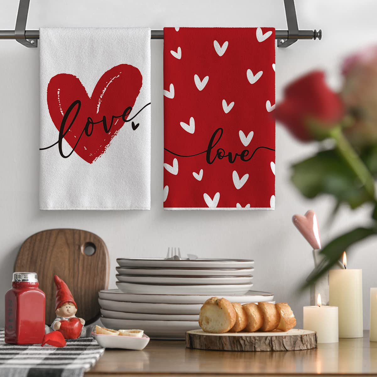 Artoid Mode Love Heart Valentine's Day Kitchen Towels Dish Towels, 18x26 Inch Seasonal Decoration Hand Towels Set of 2