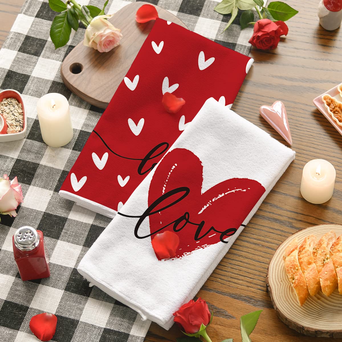 Artoid Mode Love Heart Valentine's Day Kitchen Towels Dish Towels, 18x26 Inch Seasonal Decoration Hand Towels Set of 2