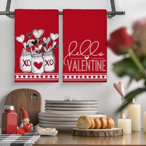 ARKENY Valentine Day Kitchen Towels Red Heart Dish Towels 18x26 Inch Ultra Absorbent Wedding Drying Cloth Happy Valentine Sign Hand Towel for Valentine Decorations Set of 2