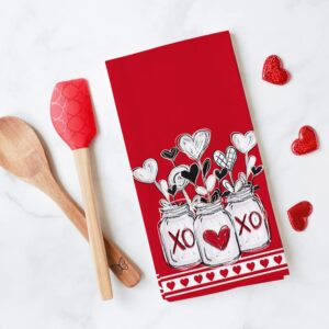 ARKENY Valentine Day Kitchen Towels Red Heart Dish Towels 18x26 Inch Ultra Absorbent Wedding Drying Cloth Happy Valentine Sign Hand Towel for Valentine Decorations Set of 2