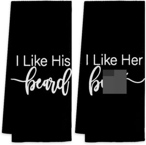 voatok i like his beard i like her bxxt minimalist black bath towel, couples gifts set of 2 decorative towels,funny gifts for husband wife boyfriend girlfriend newlyweds