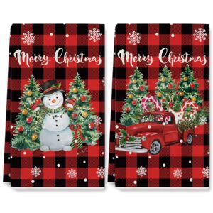 anydesign merry christmas kitchen towels red black buffalo plaid dish towels 28 x 18 snowman truck xmas tree holiday hand drying towels for christmas home kitchen decor housewarming gifts, set of 2