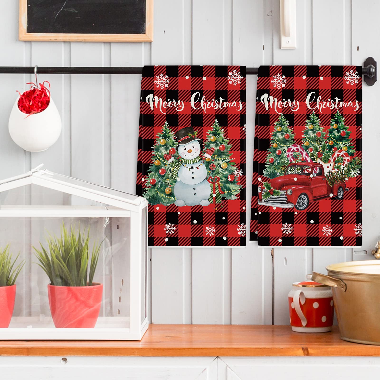 AnyDesign Merry Christmas Kitchen Towels Red Black Buffalo Plaid Dish Towels 28 x 18 Snowman Truck Xmas Tree Holiday Hand Drying Towels for Christmas Home Kitchen Decor Housewarming Gifts, Set of 2