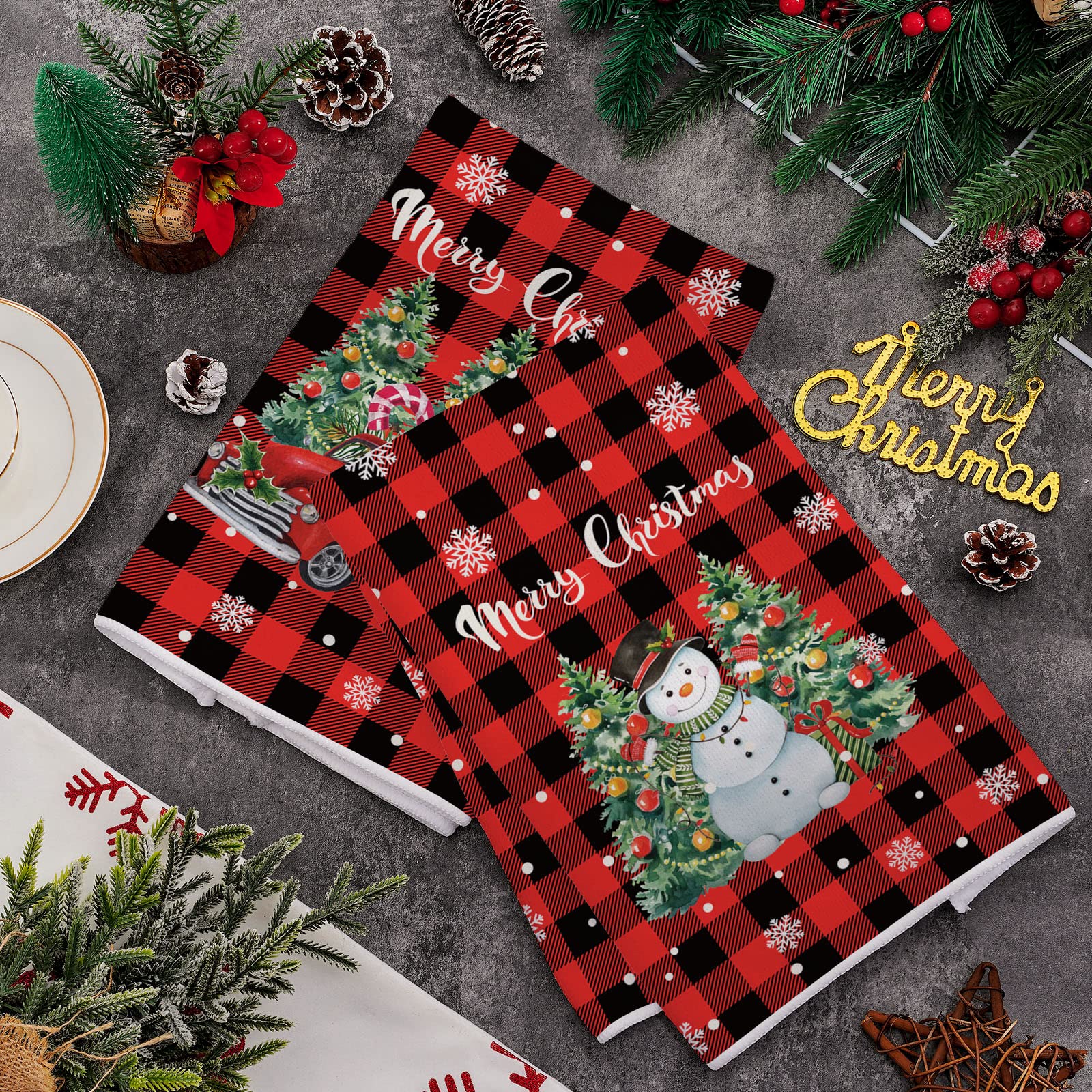 AnyDesign Merry Christmas Kitchen Towels Red Black Buffalo Plaid Dish Towels 28 x 18 Snowman Truck Xmas Tree Holiday Hand Drying Towels for Christmas Home Kitchen Decor Housewarming Gifts, Set of 2