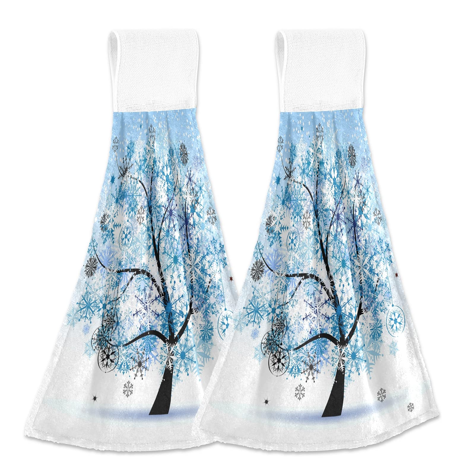 Winter Snowflakes Tree Kitchen Hanging Towel 14 x 18.2 Inch Snow Flower Ball Hand Tie Towels Set 2 Pcs Tea Bar Dish Cloths Dry Towel Soft Absorbent Thin Durable for Bathroom Laundry Room Decor