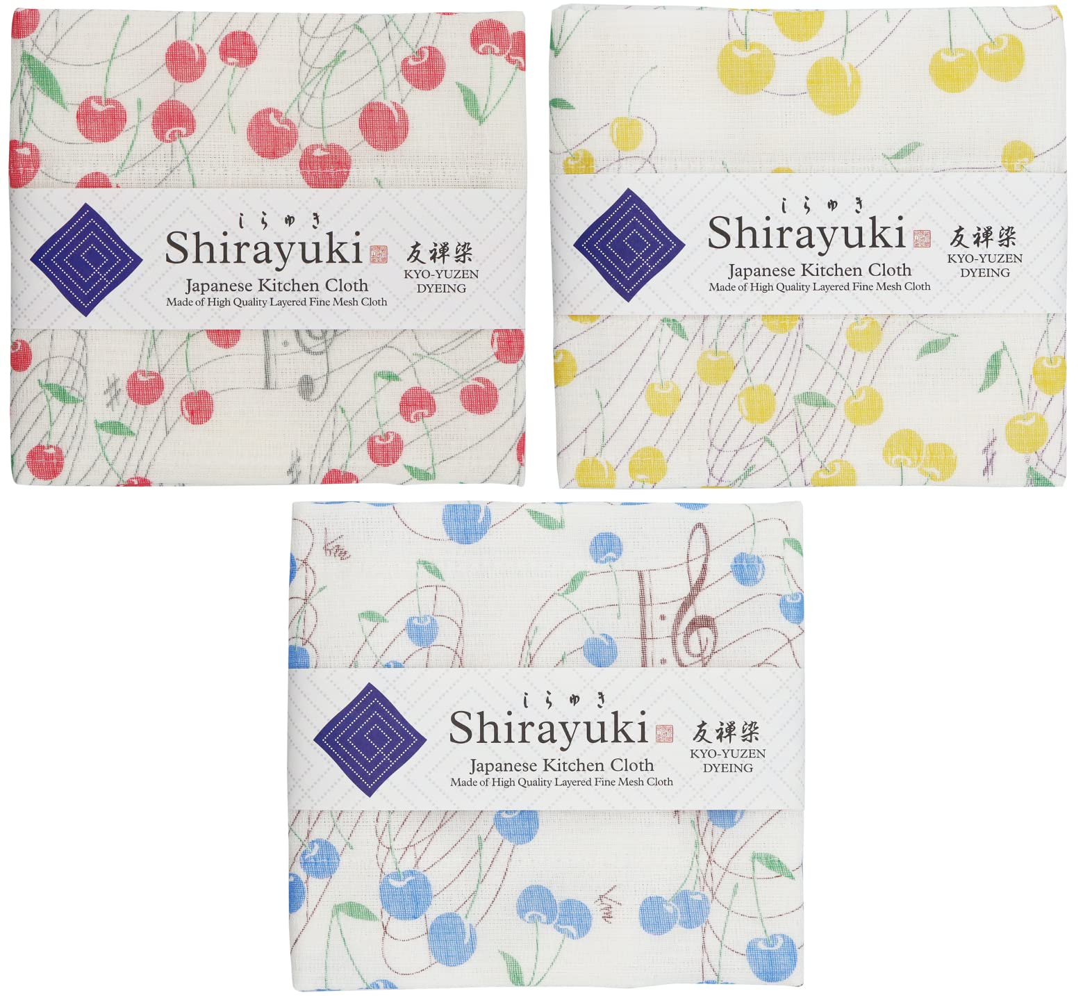 Shirayuki Japanese Kitchen Cloth KYO-YUZEN Cherry Music. Set of 3. Made Layered Fine Mesh Cloth. Dish Wipe, Table Wipe, Hand Wipe. Made in Japan (Cherry Music Set)