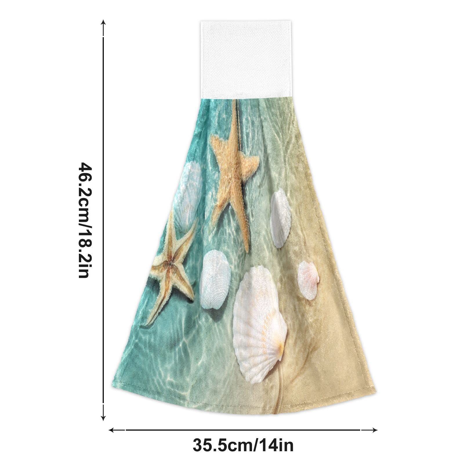 JSTEL Starfish Hanging Dish Towels for Kitchen,2 Piece Absorbent Kitchen Hand Towels Seashell Tea Towels Microfiber Dish Cloths for Drying Dishes