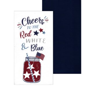 Patriotic Kitchen Towel Set - Red White and Blue Dual Cotton Terry Dishtowel Decorated with Mason Jar Drink, American Flag for 4th of July, Memorial Day,