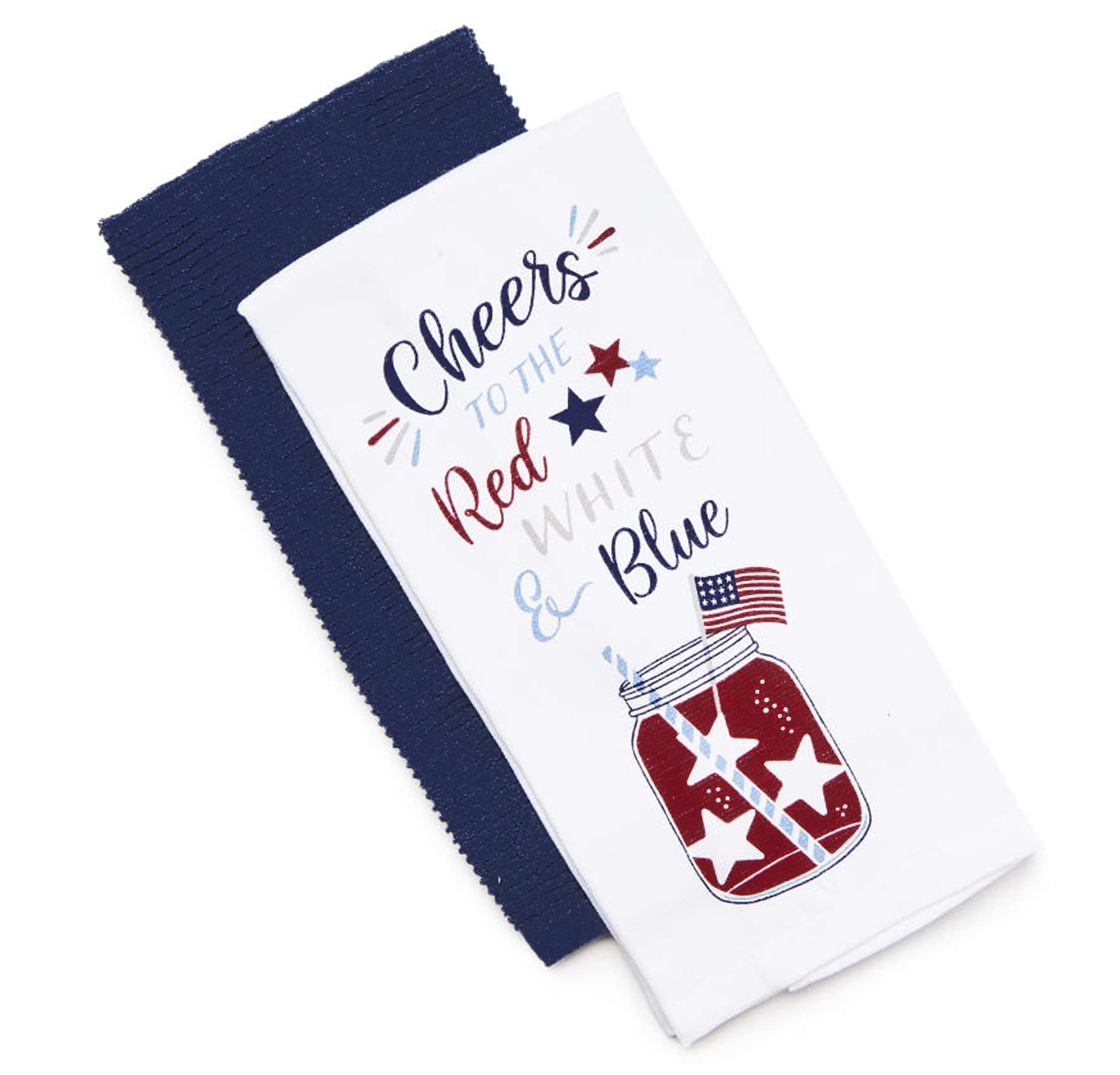 Patriotic Kitchen Towel Set - Red White and Blue Dual Cotton Terry Dishtowel Decorated with Mason Jar Drink, American Flag for 4th of July, Memorial Day,