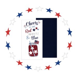 Patriotic Kitchen Towel Set - Red White and Blue Dual Cotton Terry Dishtowel Decorated with Mason Jar Drink, American Flag for 4th of July, Memorial Day,