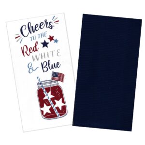 Patriotic Kitchen Towel Set - Red White and Blue Dual Cotton Terry Dishtowel Decorated with Mason Jar Drink, American Flag for 4th of July, Memorial Day,