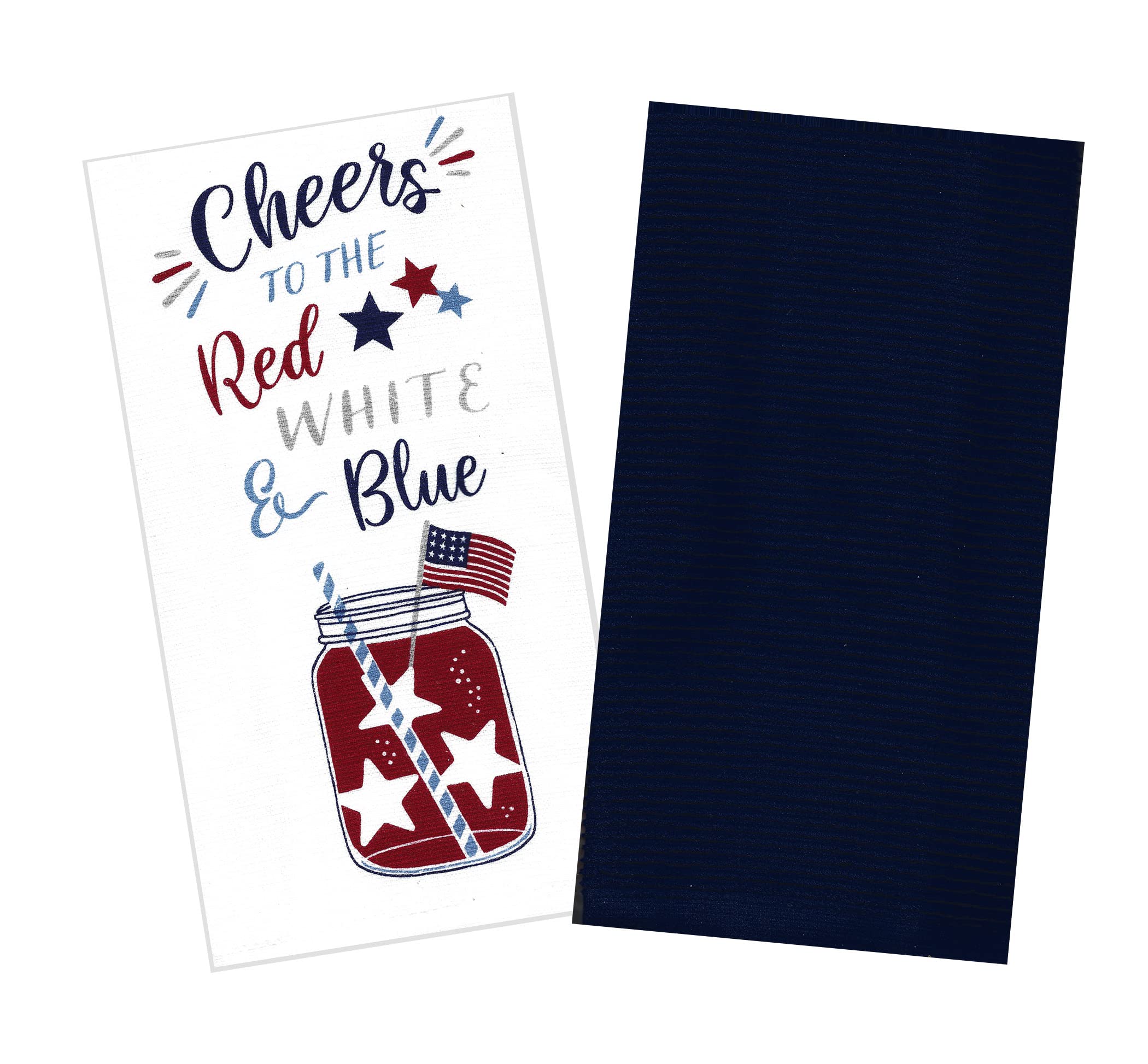 Patriotic Kitchen Towel Set - Red White and Blue Dual Cotton Terry Dishtowel Decorated with Mason Jar Drink, American Flag for 4th of July, Memorial Day,