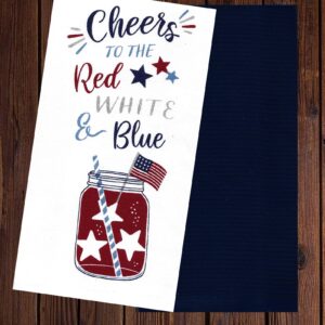 Patriotic Kitchen Towel Set - Red White and Blue Dual Cotton Terry Dishtowel Decorated with Mason Jar Drink, American Flag for 4th of July, Memorial Day,