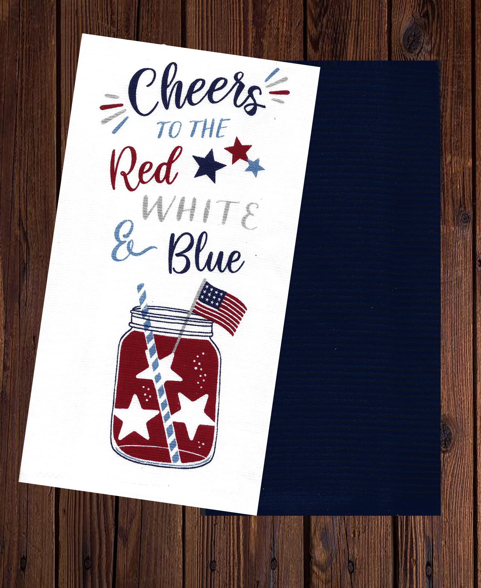 Patriotic Kitchen Towel Set - Red White and Blue Dual Cotton Terry Dishtowel Decorated with Mason Jar Drink, American Flag for 4th of July, Memorial Day,