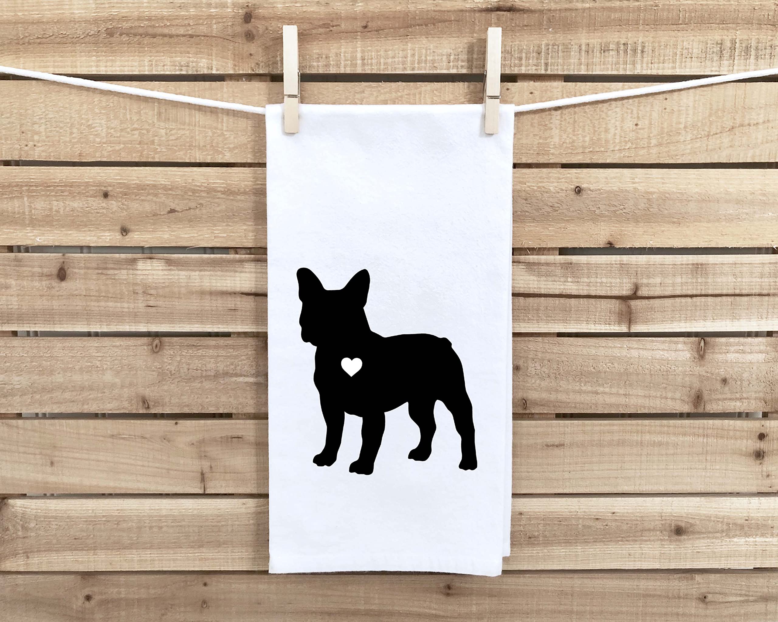 French Bulldog Silhouette Flour Sack Kitchen Towel with Hanging Loop - 100% Cotton - Funny Frenchie Bulldog Dish Cloth - Housewarming Hostess Birthday Christmas Mothers Day Gift Idea