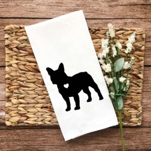 French Bulldog Silhouette Flour Sack Kitchen Towel with Hanging Loop - 100% Cotton - Funny Frenchie Bulldog Dish Cloth - Housewarming Hostess Birthday Christmas Mothers Day Gift Idea