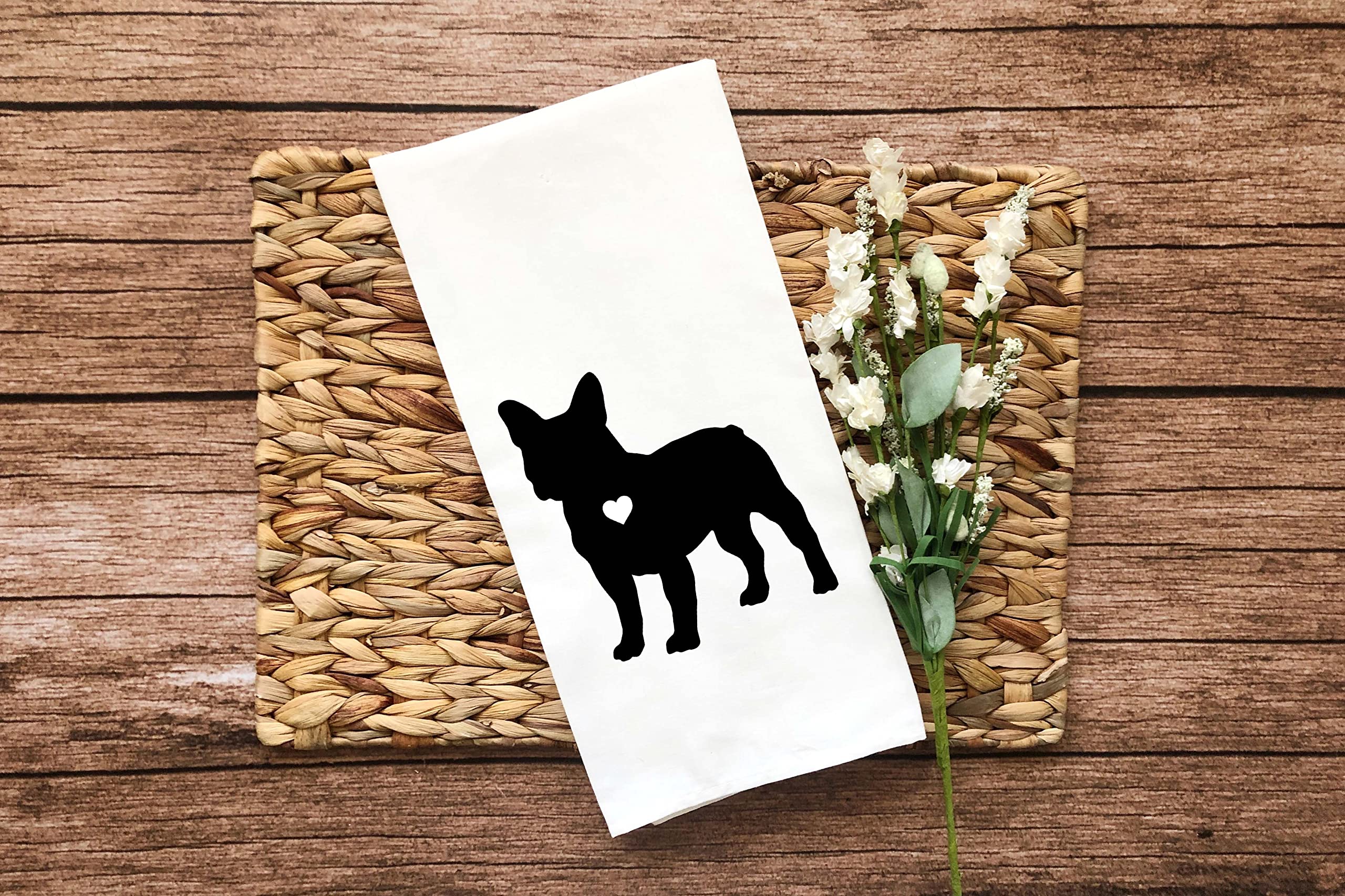 French Bulldog Silhouette Flour Sack Kitchen Towel with Hanging Loop - 100% Cotton - Funny Frenchie Bulldog Dish Cloth - Housewarming Hostess Birthday Christmas Mothers Day Gift Idea