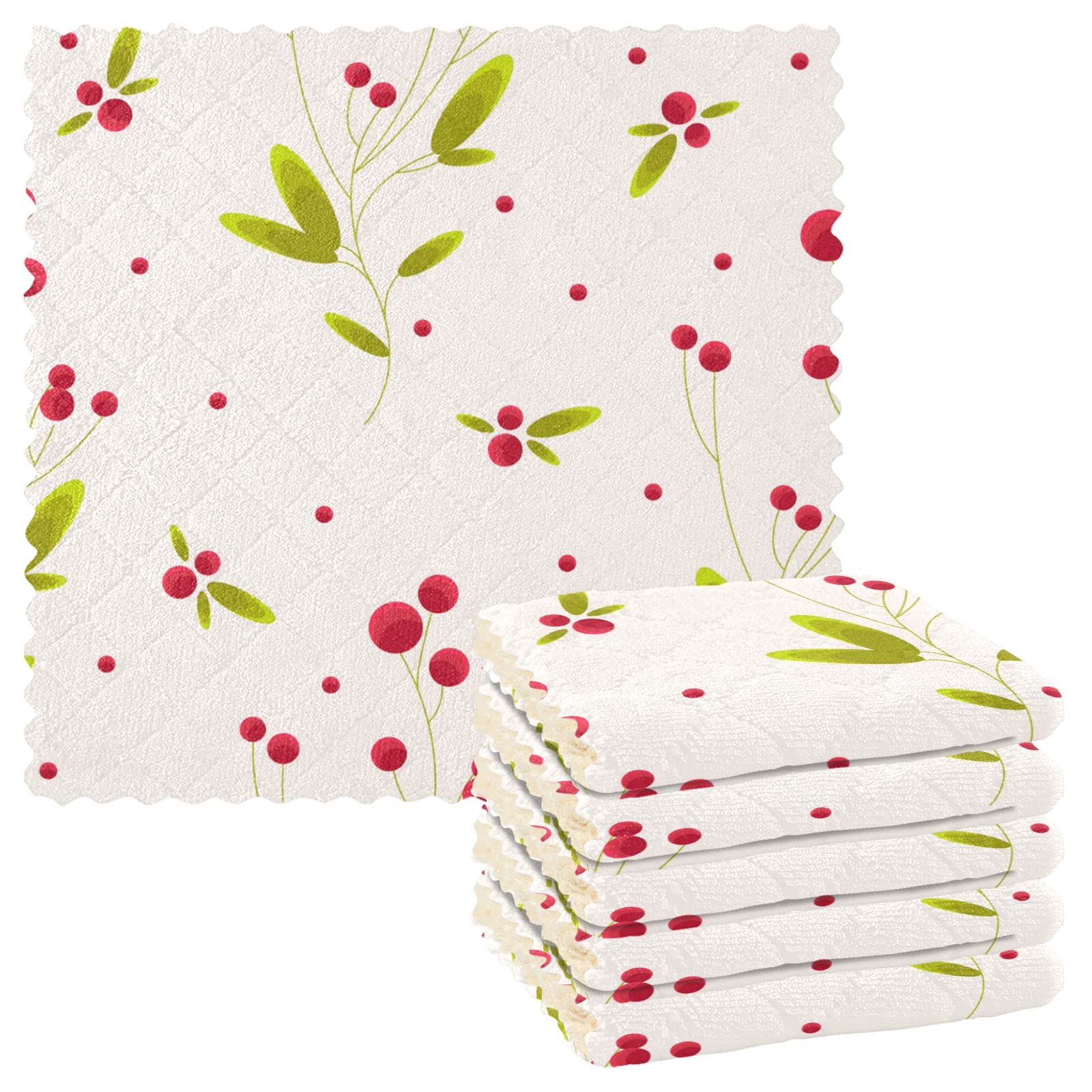 Bolaz Dish Cloths Dish Towels Kitchen Towels 6 Pack Sets Absorbent Cherries and Leaves Soft Decorative Reusable Nonstick Oil Washable