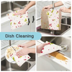 Bolaz Dish Cloths Dish Towels Kitchen Towels 6 Pack Sets Absorbent Cherries and Leaves Soft Decorative Reusable Nonstick Oil Washable