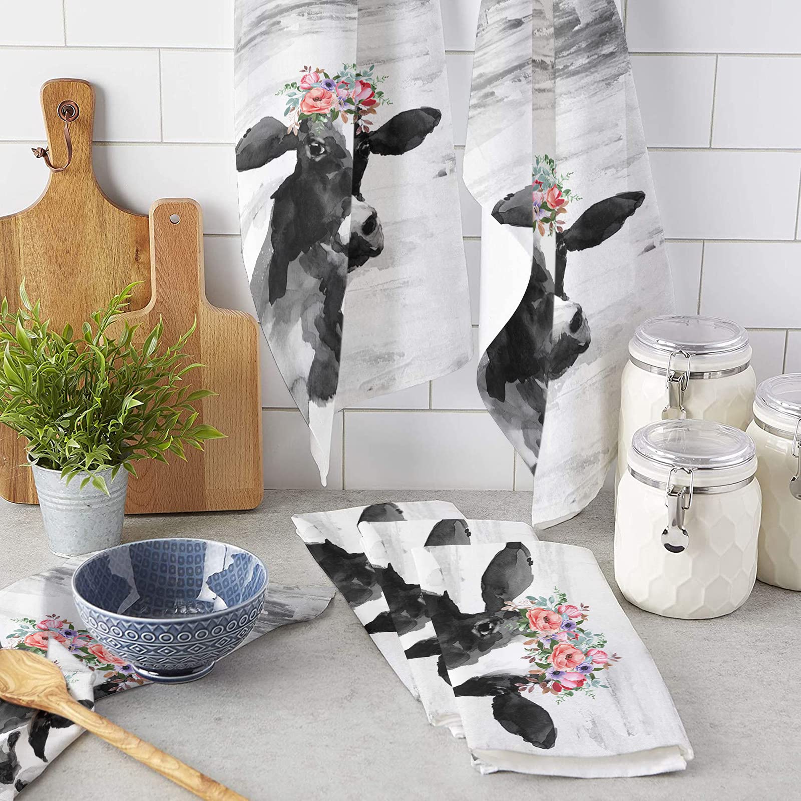 Kitchen Towel Absorbent Dish Towels Watercolor Country Farm Cow with Pink Flowers 1 Pack Soft Reusable Hand Towel Washing Cloths, Quick Drying Hanging Terry for Home Cleaning Animals Art