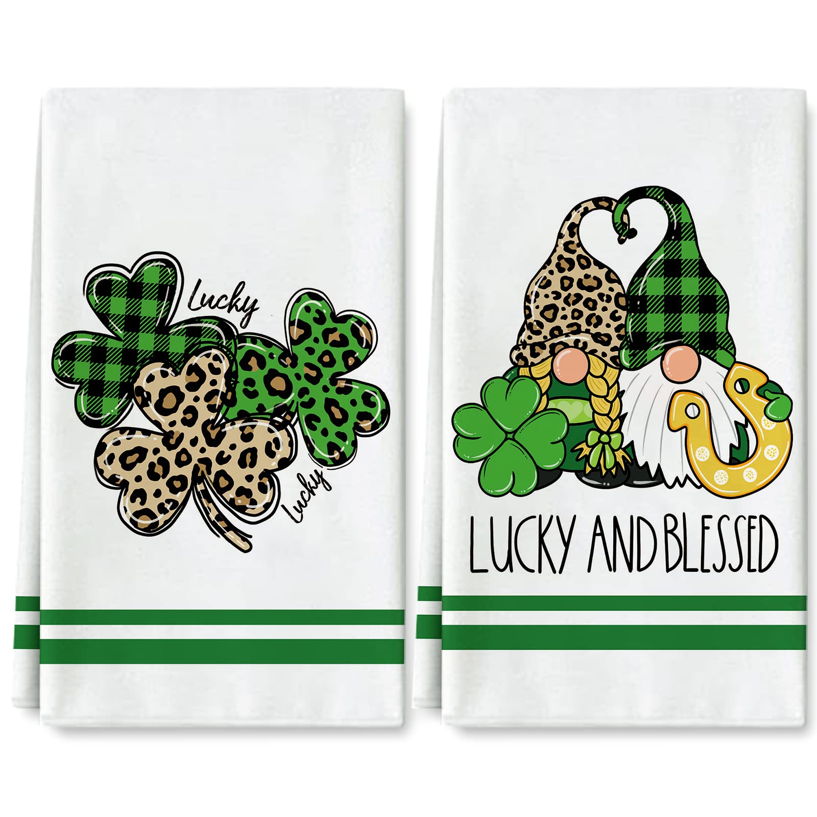 AnyDesign St. Patrick's Day Kitchen Dish Towel 18 x 28 Inch Irish Gnome Shamrock Tea Towel Lucky Blessed Hand Drying Towel for Cooking Baking Cleaning Wipes, Set of 2