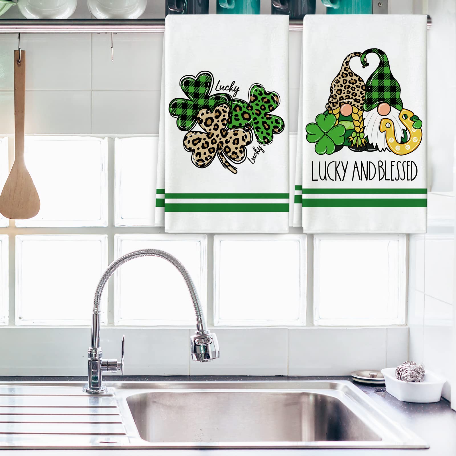 AnyDesign St. Patrick's Day Kitchen Dish Towel 18 x 28 Inch Irish Gnome Shamrock Tea Towel Lucky Blessed Hand Drying Towel for Cooking Baking Cleaning Wipes, Set of 2