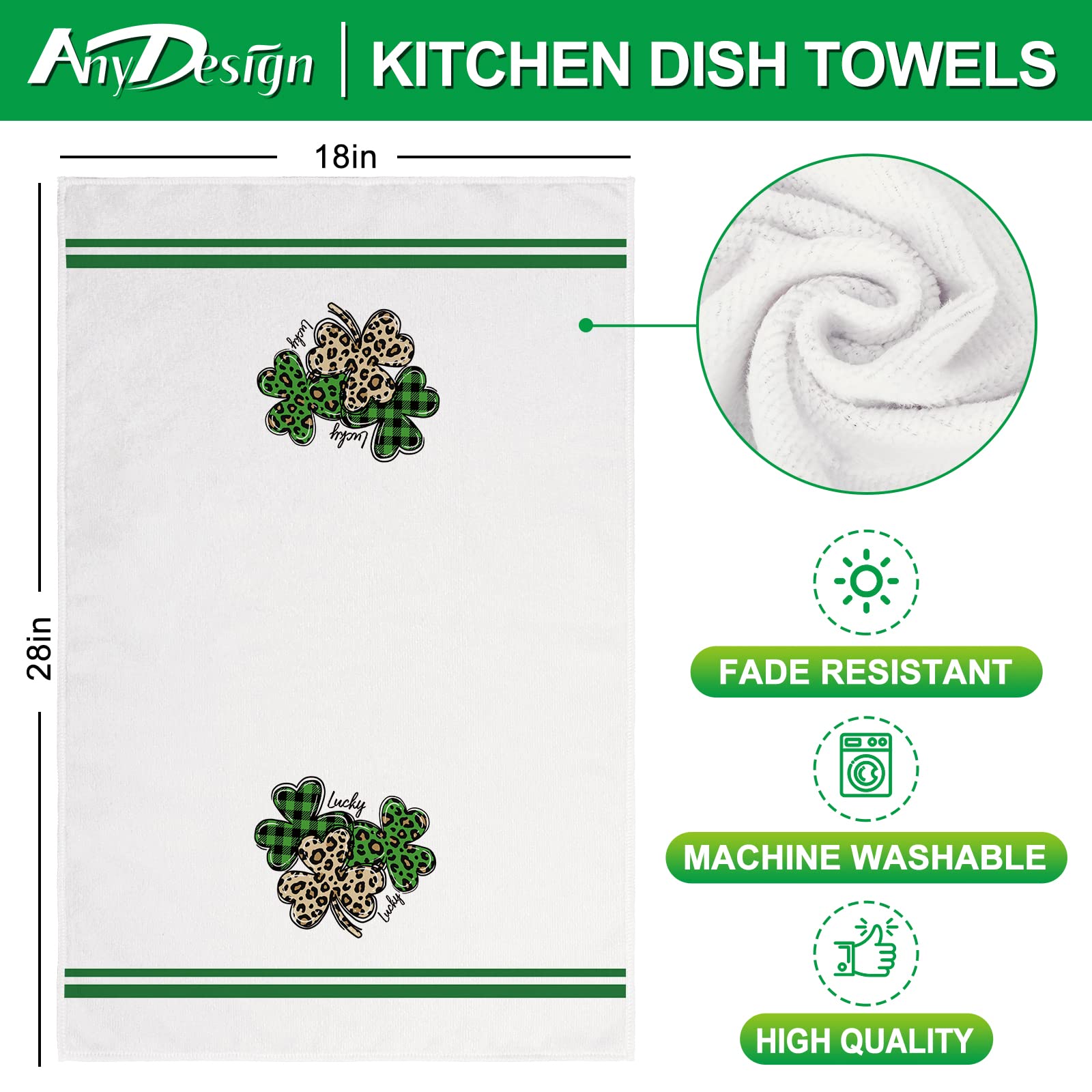 AnyDesign St. Patrick's Day Kitchen Dish Towel 18 x 28 Inch Irish Gnome Shamrock Tea Towel Lucky Blessed Hand Drying Towel for Cooking Baking Cleaning Wipes, Set of 2