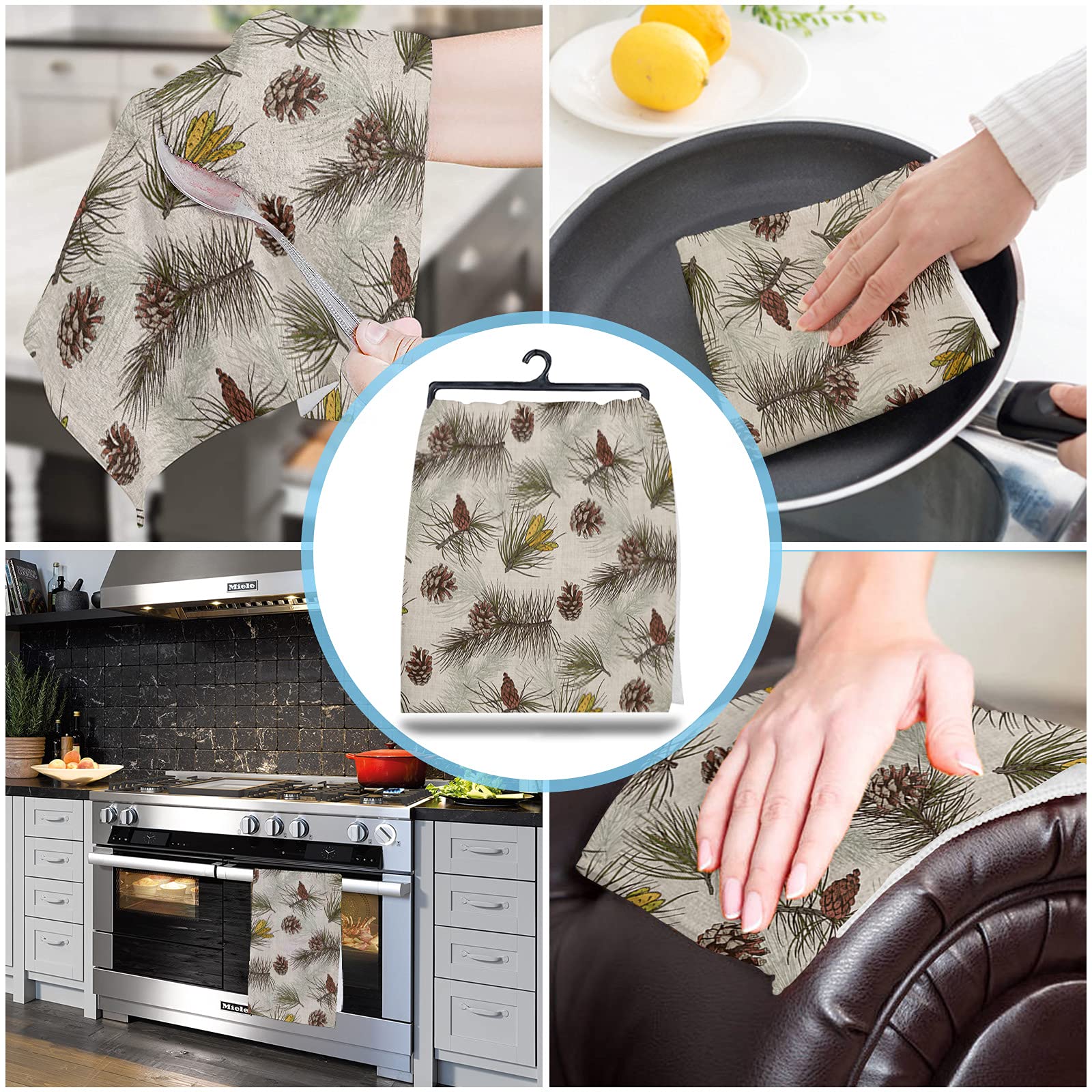 Beisseid Christmas Kitchen Dish Towels Pine Cones Tree Branch Dish Cloth Fingertip Bath Towels Cloth Retro Backdrop Hand Drying Soft Cotton Tea Towel Set, 18x28in 2PCS