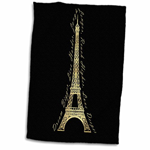 3D Rose Paris Dream Bigger Inspirational Design Black and Gold Towel, 15" x 22"