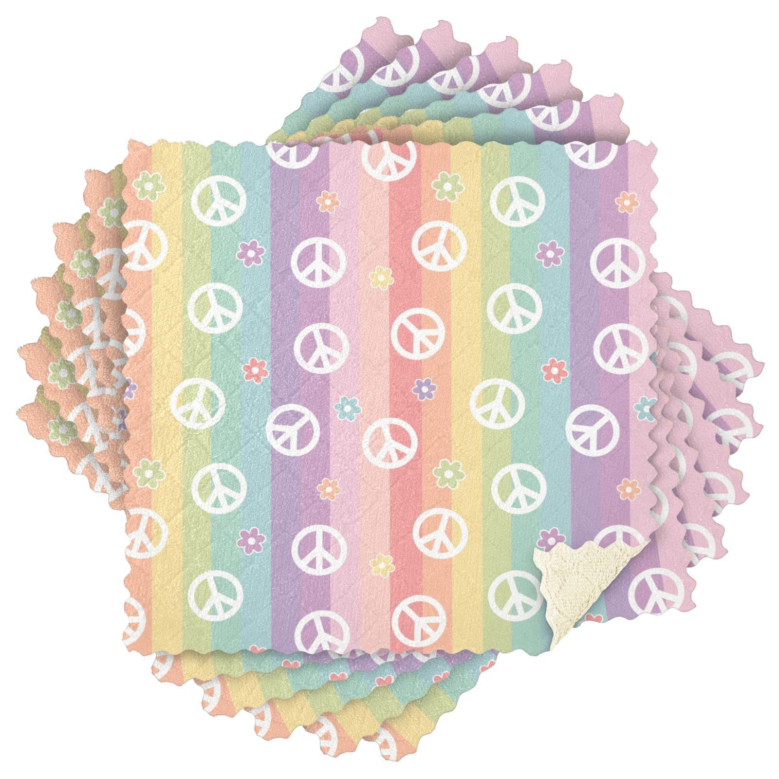 ACICS Peace Symbol Peace Sign Rainbow Flowers Kitchen Towels Dishcloths Set 11 X 11 inch Set of 6 Bulk Cotton Kitchen Towels Set Dish Towels for Washing Drying Dishes Dish Rags Super Soft