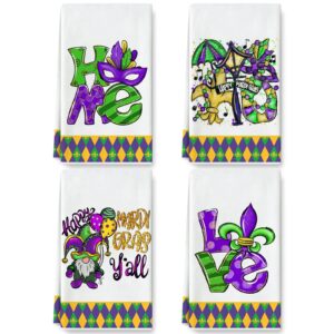 anydesign mardi gras kitchen dish towel purple green diamond lattice print kitchen towel 18 x 28 inch home love gnome hand drying tea towel for carnival cooking baking cleaning wipes, 4pcs