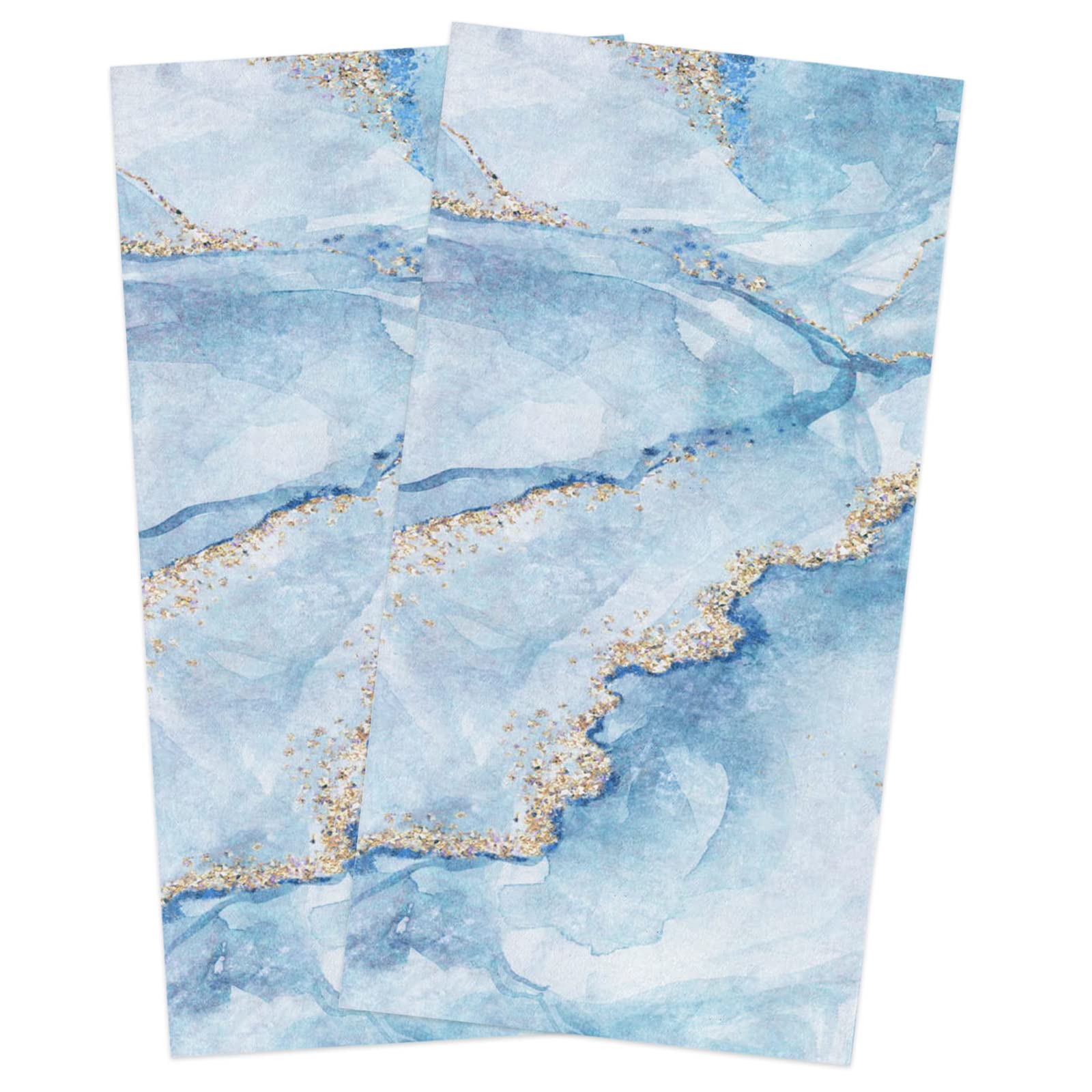 Nautical Blue Marble Gradient Gold Stripes Kitchen Towel Absorbent Dish Towels, 2 Pack Soft Reusable Absorbent Hand Towel Watercolor Abstract Crack Art Bathroom Cloth Quick Drying Hanging Terry