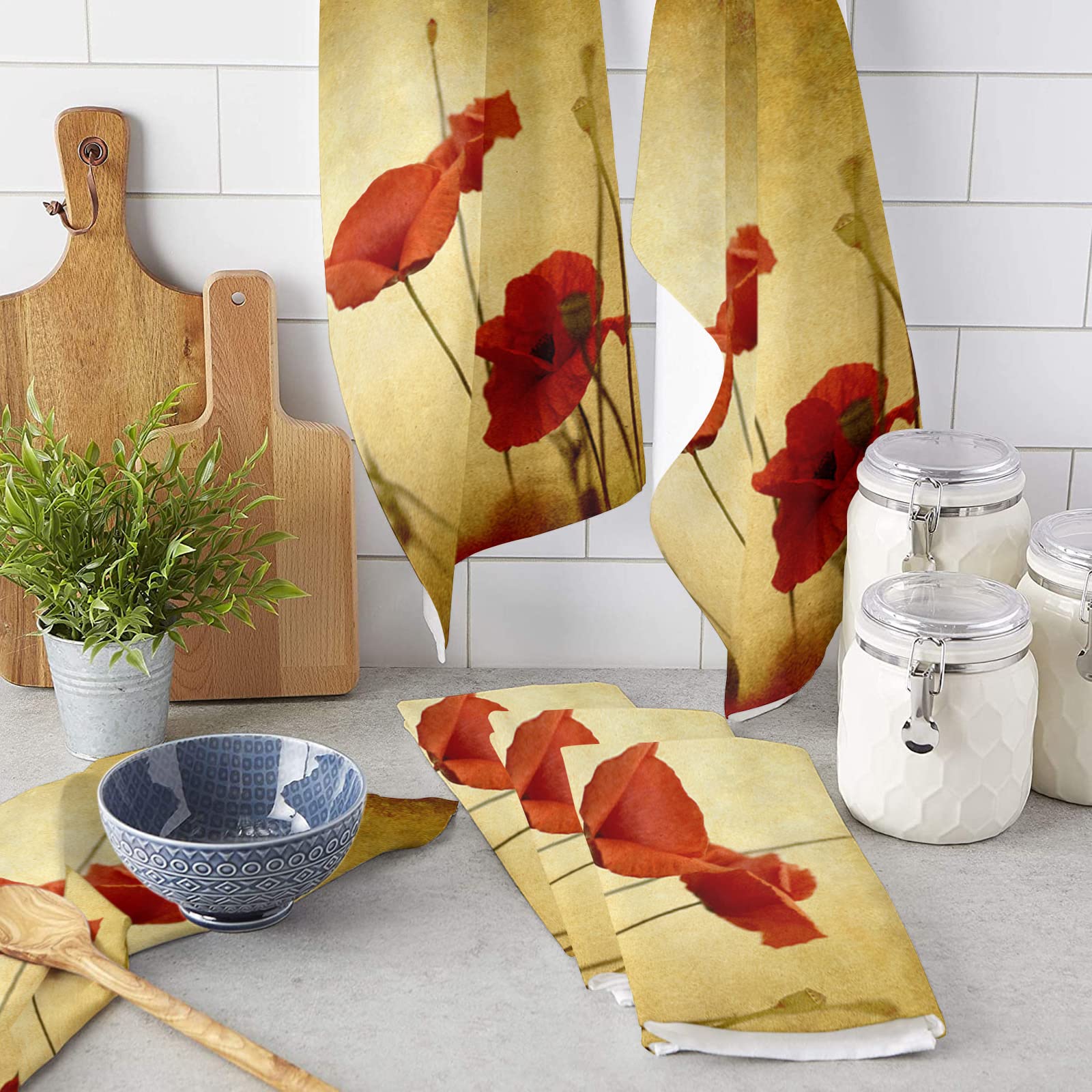 Chucoco Dish Towels for Kitchen, Hand Towel Cleaning Cloths Vintage Red Poppy Flowers Absorbent Fast Drying Dish Rags, Rural Retro Plant Bathroom Cloth Set of 4 with Hanging Loop