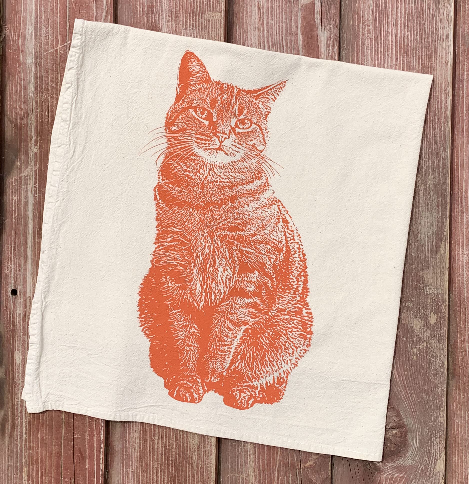 Tabby Cat Tea Towel in Orange, Cat Tea Towel, Cat Towel, Orange Cat Towel - Hand Printed Flour Sack Tea Towel, Cat Towel, Christmas Cat Towel